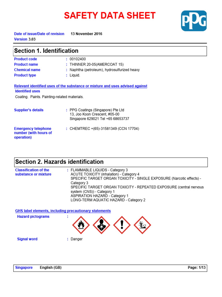 Thinner 20-05 (Amercoat 15) 00102400 | PDF | Dangerous Goods | Toxicity