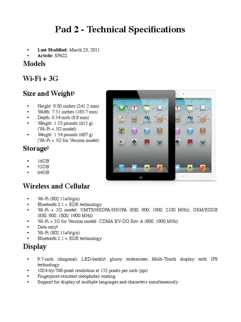 Technical Specifications and Features of the iPad 2 Tablet | PDF | I ...