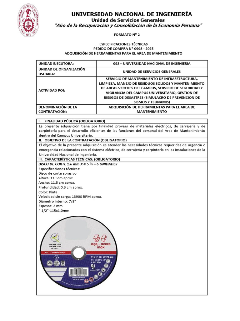 TDR - Pedido 998 (Adquisicion de Herramientas) Final (R) (R) | PDF | Tornillo | Acero