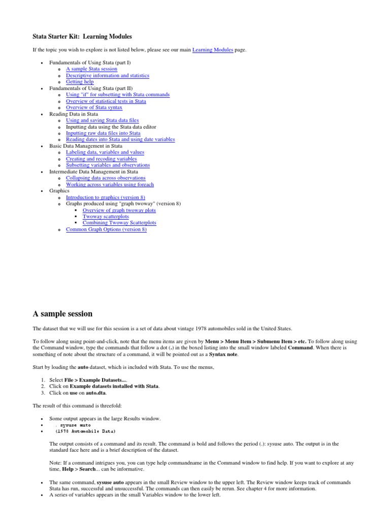 Stata Starter Kit: Learning Modules Overview | PDF | Coefficient Of Determination | Regression ...
