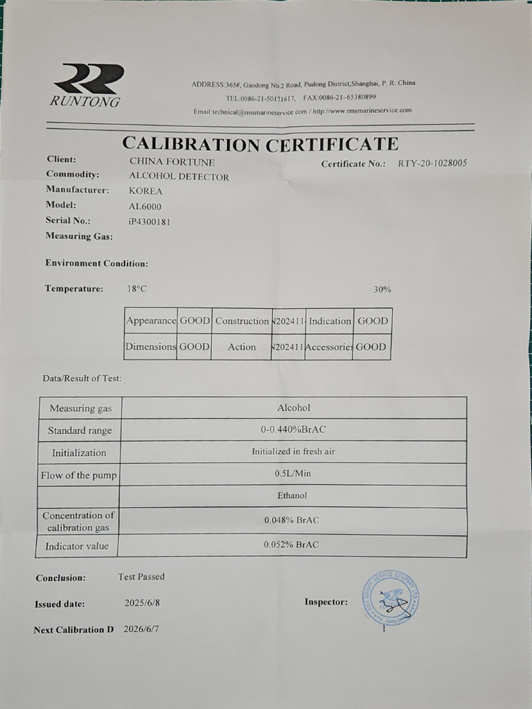 Alcohol Meter Calibration Cert | PDF