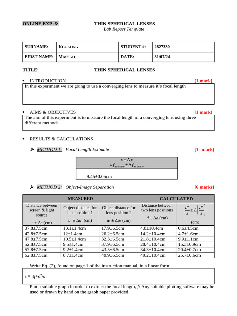 Exp06 - Thin Lens - Lab Report Template | PDF | Light | Optics
