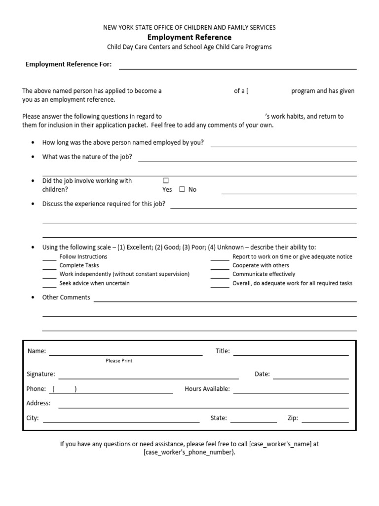 Employment Reference Template for Child Care | PDF