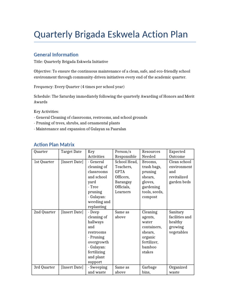 Quarterly Brigada Eskwela Action Plan | PDF | Compost | Horticulture