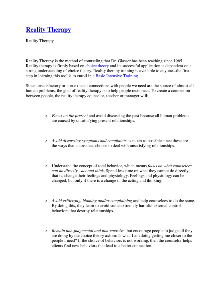 Reality Therapy | PDF | Psychiatry Related Fields | Clinical Psychology