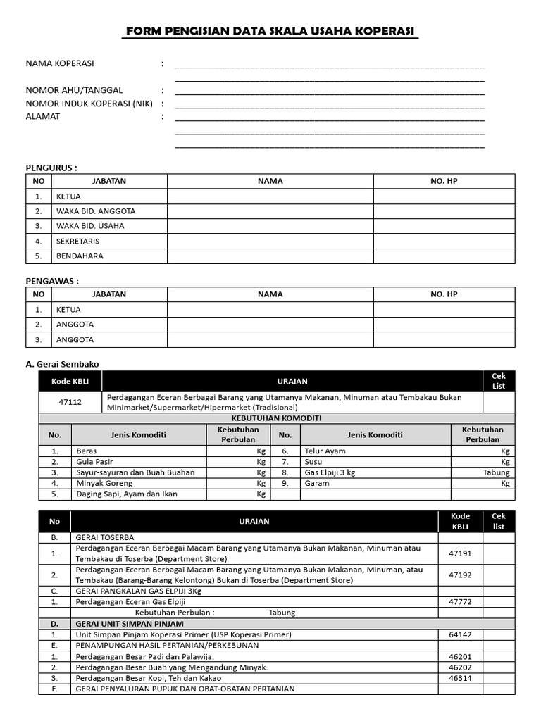 Formulir Data Koperasi dan KBLI | PDF