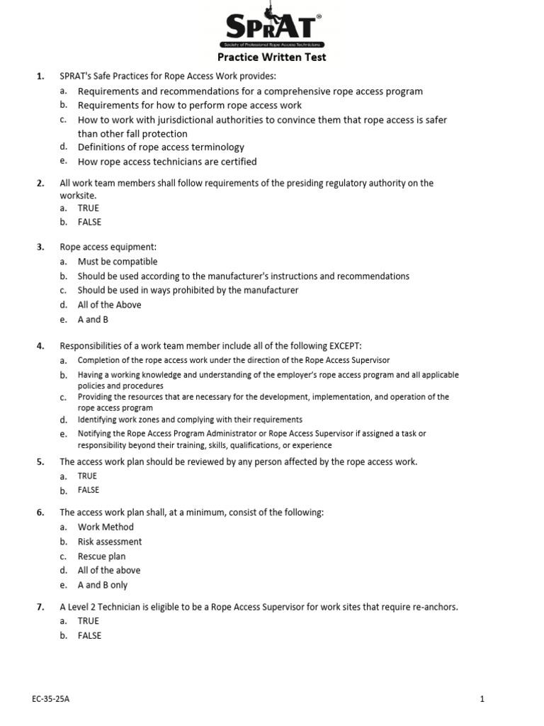 Rope Access Practice Written Test EC 35 25A | PDF