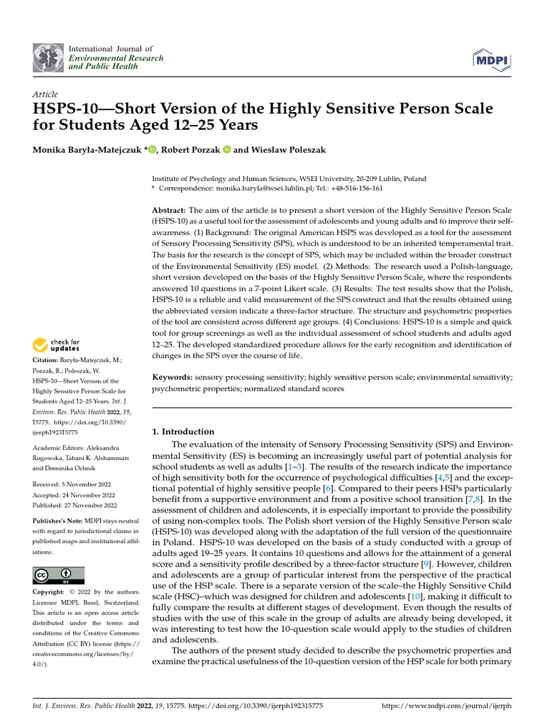 HSPS-10: Short Scale for Young Adults | PDF | Psychology | Behavioural ...