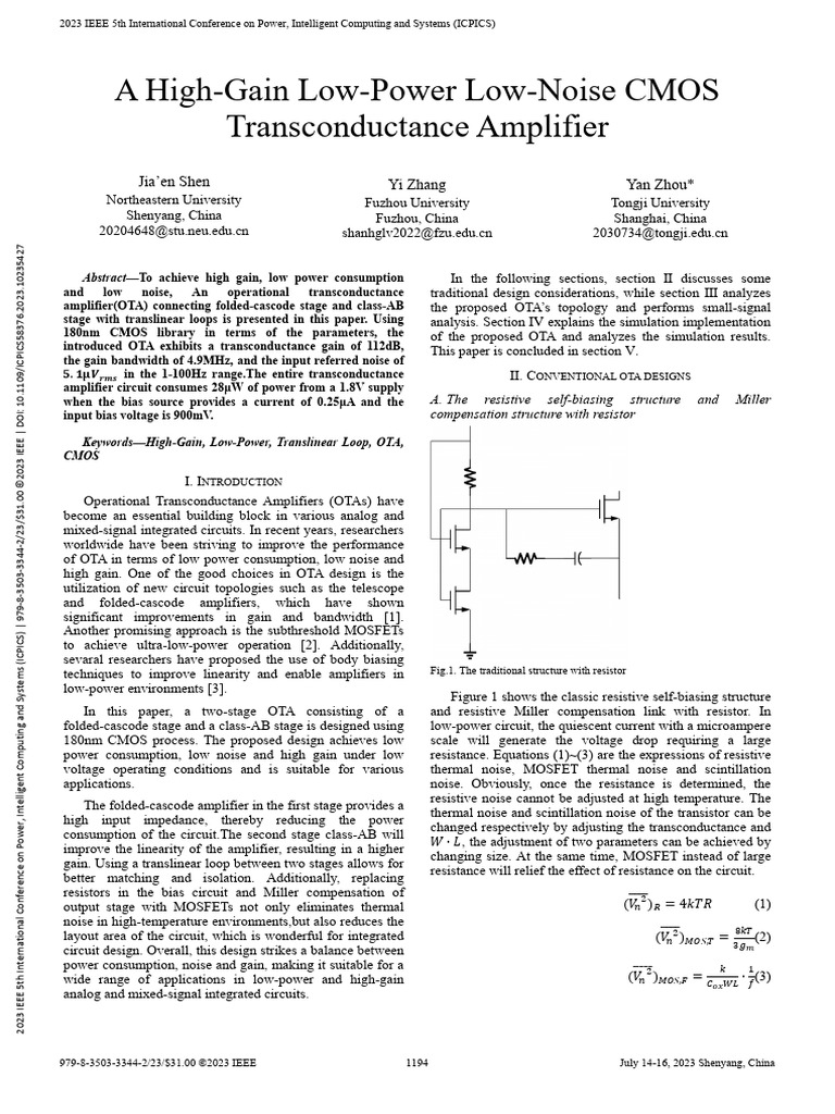 A High-Gain Low-Power Low-Noise CMOS Transconductance Amplifier | PDF ...