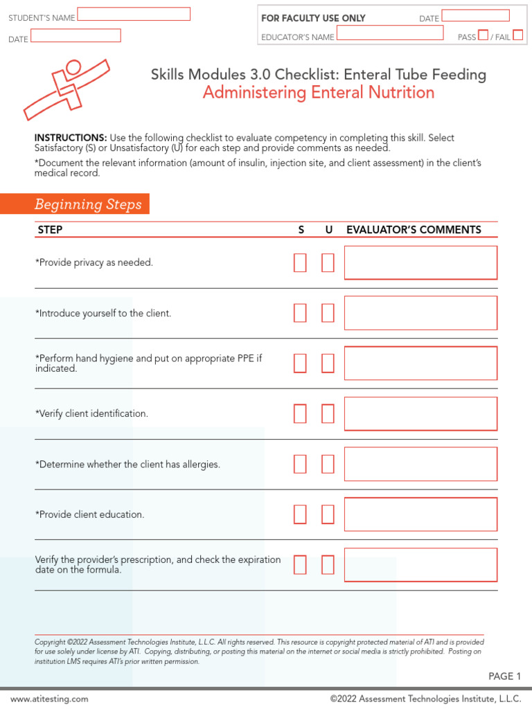 Enteral Tube Feeding Skills Checklist | PDF | Syringe | Medicine