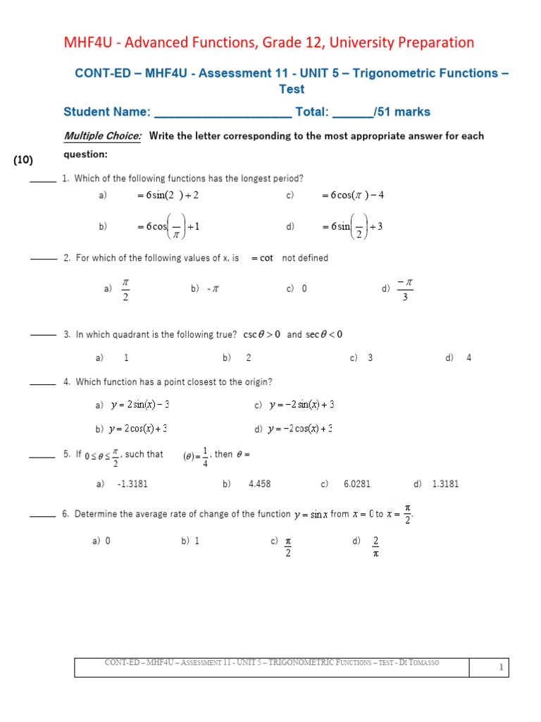 MHF4U Unit 5 Trigonometry Test | PDF | Mathematical Concepts ...