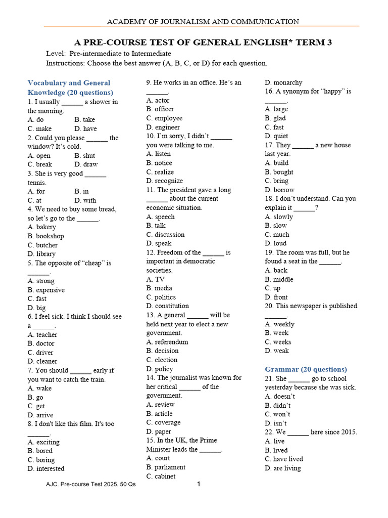 Pre-Course Test 2pp | PDF