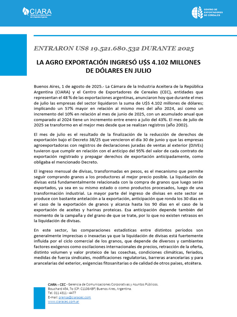 Comunicado Ciara -Cec Julio25 | PDF | Exportaciones | Economias