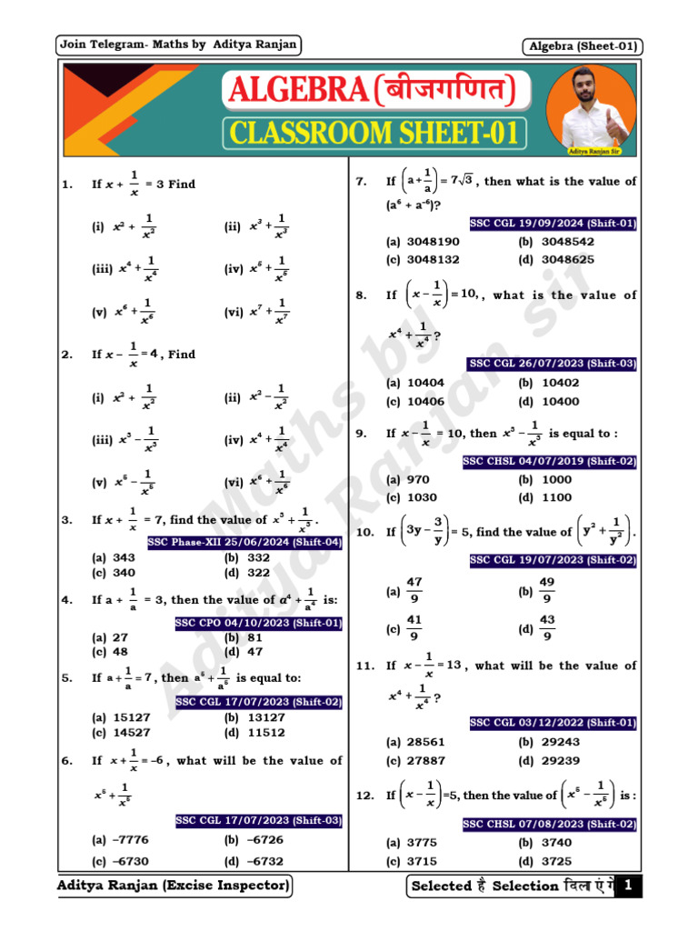 Algebra (ClassRoom Sheet-01) | PDF | Mathematics