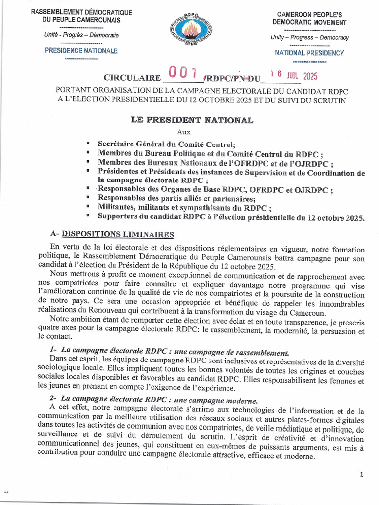 Circulaire Du Président National Campagne 2025 RDPC | PDF