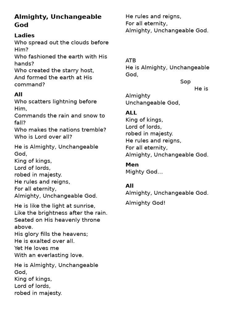 Almighty Unchangeable God Lyrics | PDF