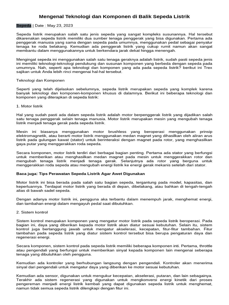 Teknologi dan Komponen Sepeda Listrik | PDF