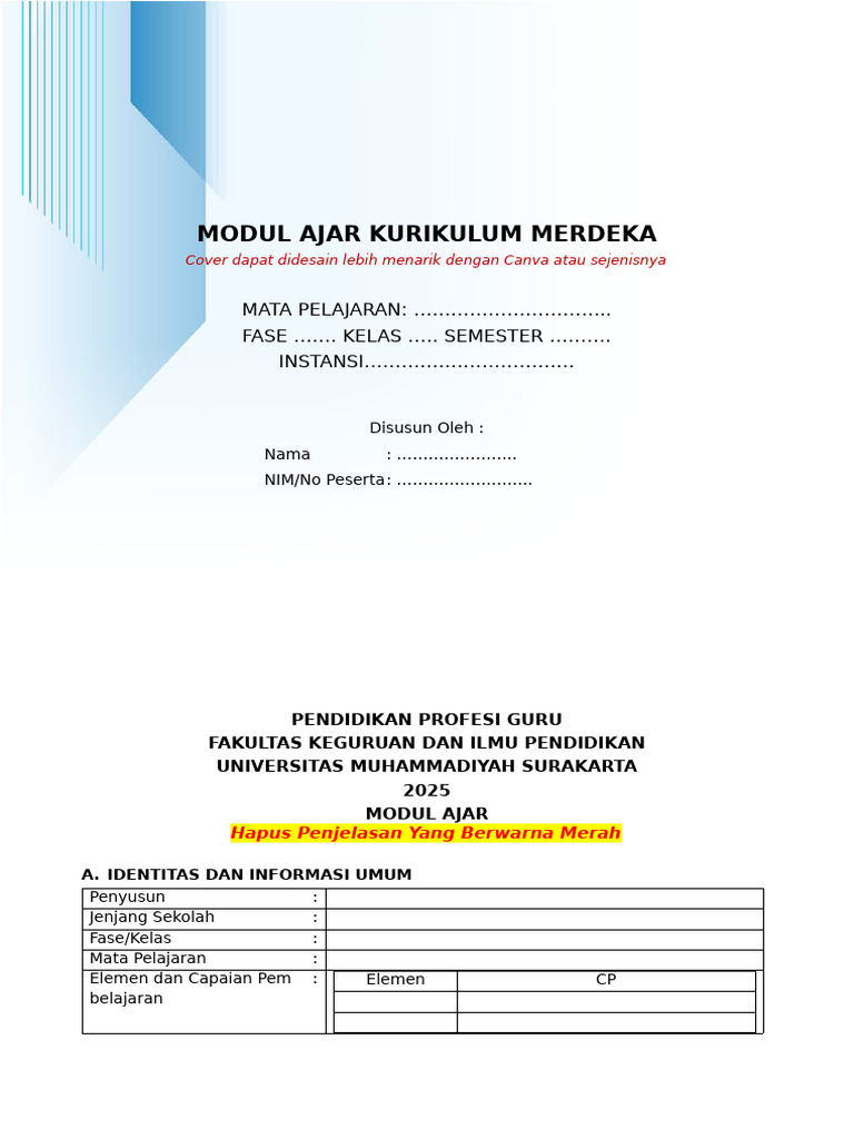 Template Modul Ajar Kurikulum Merdeka PPG UMS CONTOH | PDF