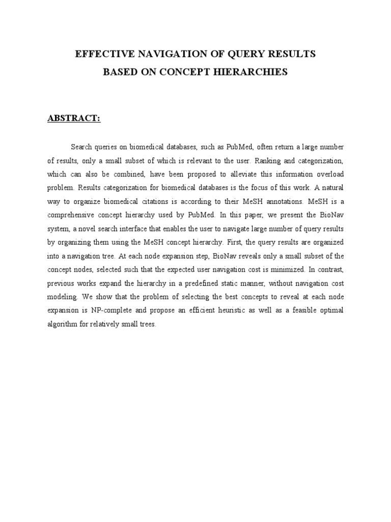 Effective Navigation of Query Results Abstract | PDF | Pub Med ...