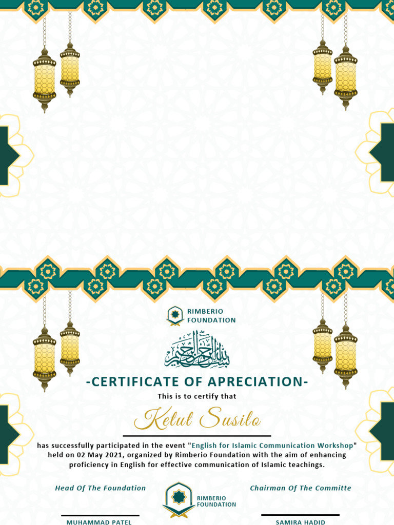Green and Gold Traditional Islamic Certificate Apreciation A4 Document ...