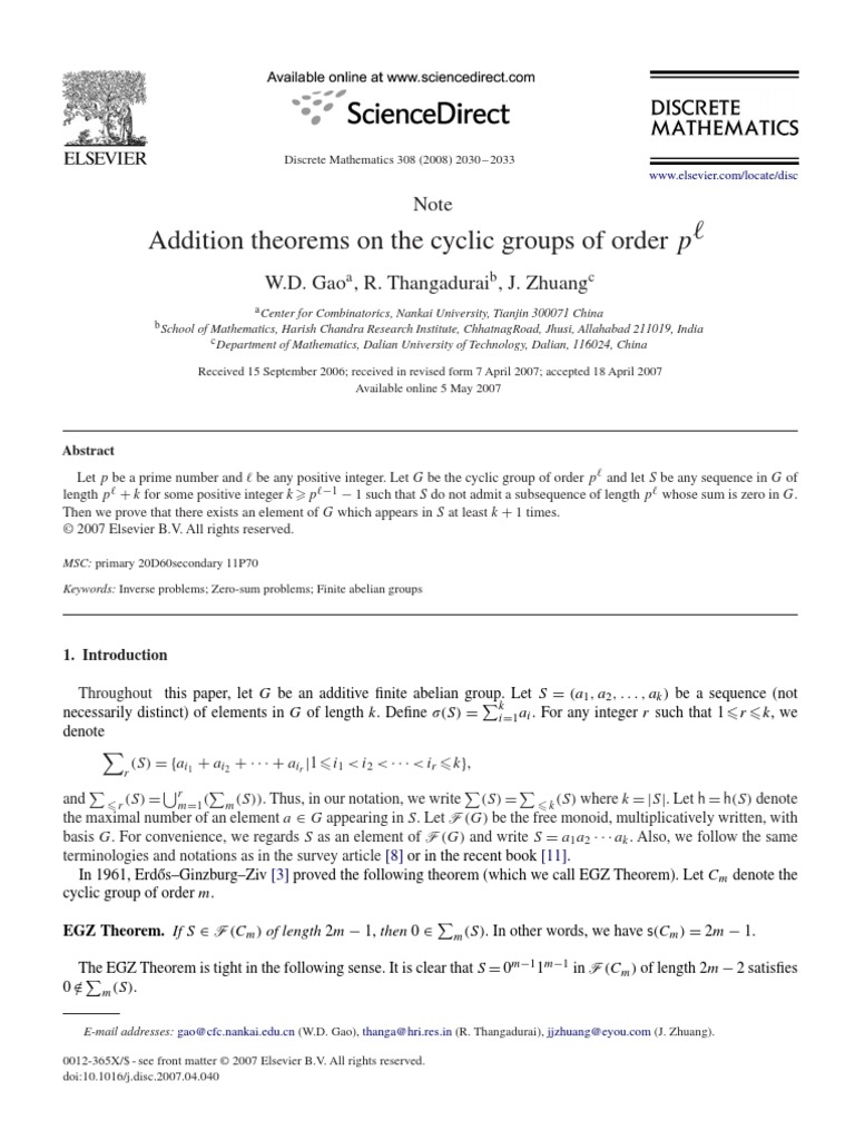 Addition Theorems On The Cyclic Groups of Order P:, A, - . - , A) Be A Sequence (Not (S) A | PDF ...