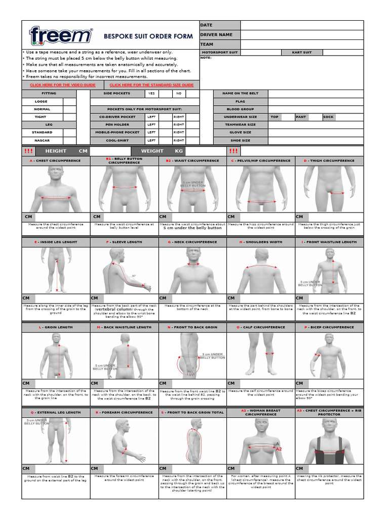 FREEM Bespoke Suit Order Form 2024 DRIVER NAME | PDF | Waist | Clothing