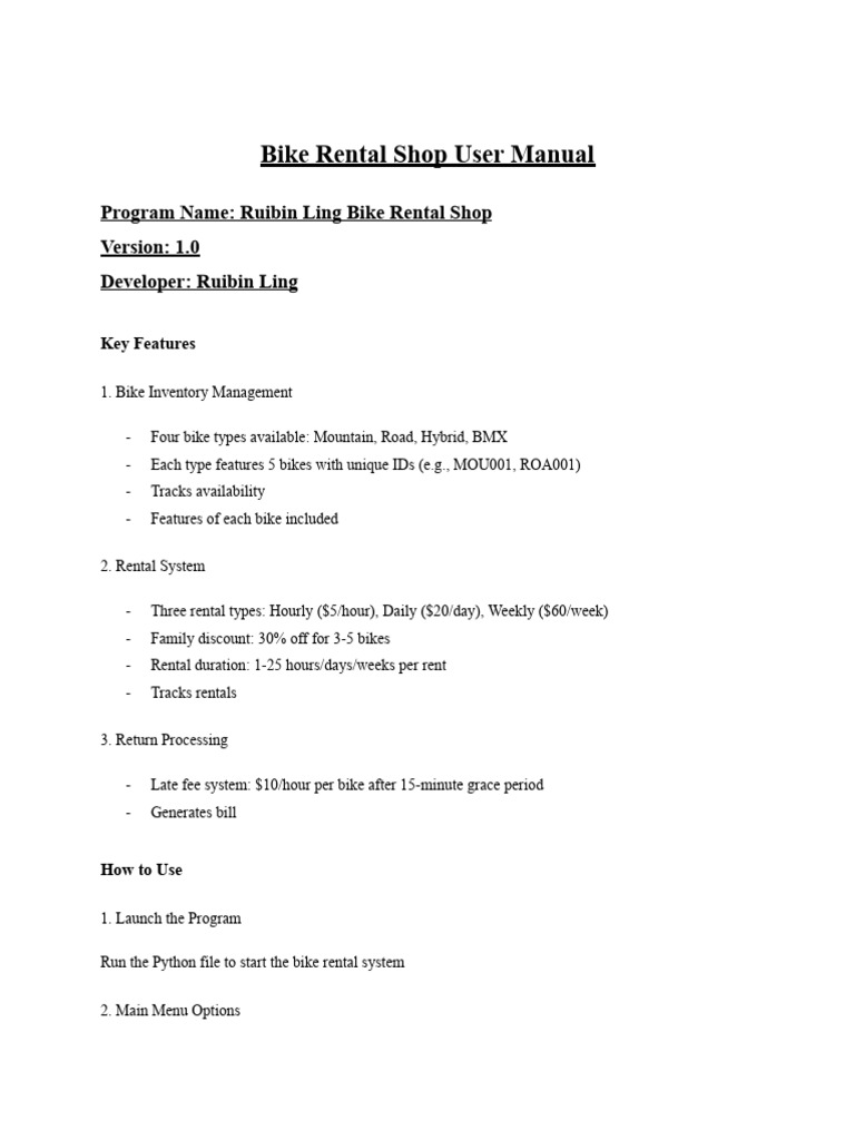 Bike Rental Shop User Manual v1.0 | PDF