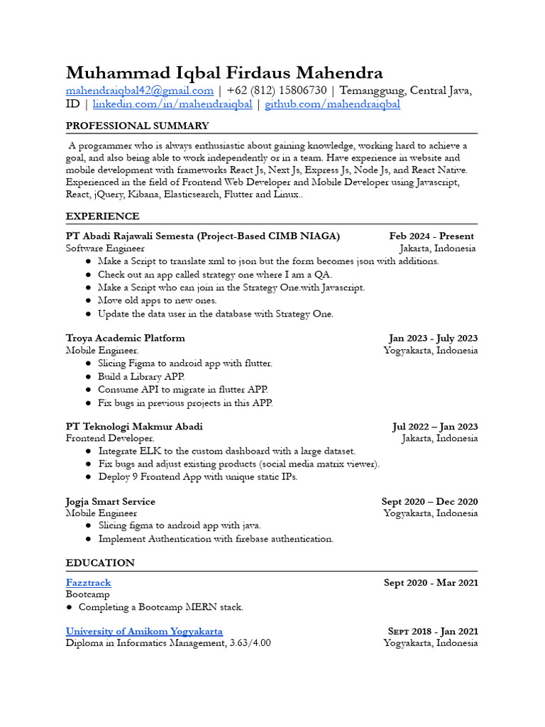 Muhammad Iqbal Mahendra: Developer Resume | PDF | Java Script ...