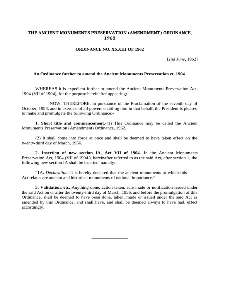 Ancient Monuments Preservation (Amendment) Ordinance, 1962. | PDF