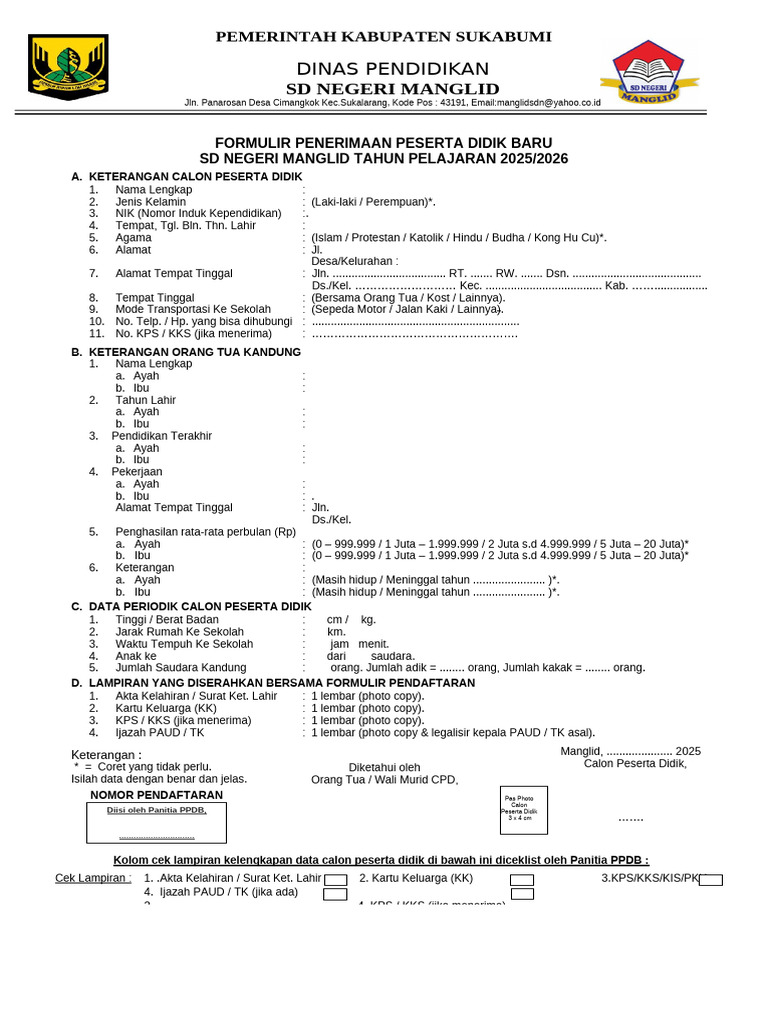 Formulir PPDB SPMB SDN Manglid 2025 | PDF
