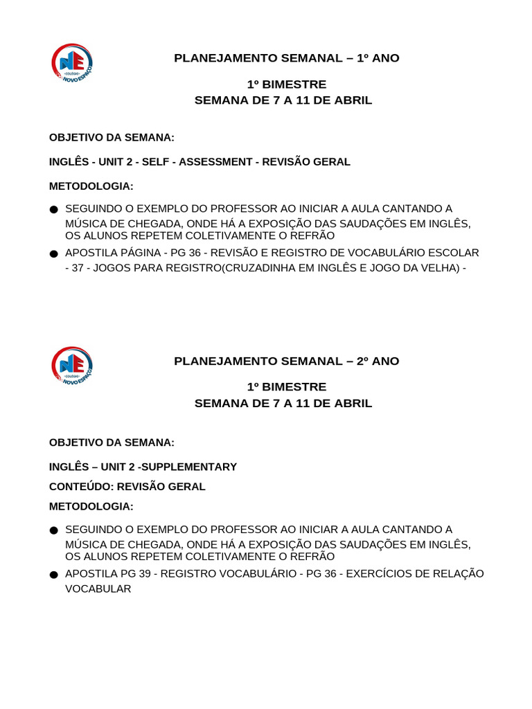 Planejamento Inglês 1ºbimestre Semana7a11 4 | PDF