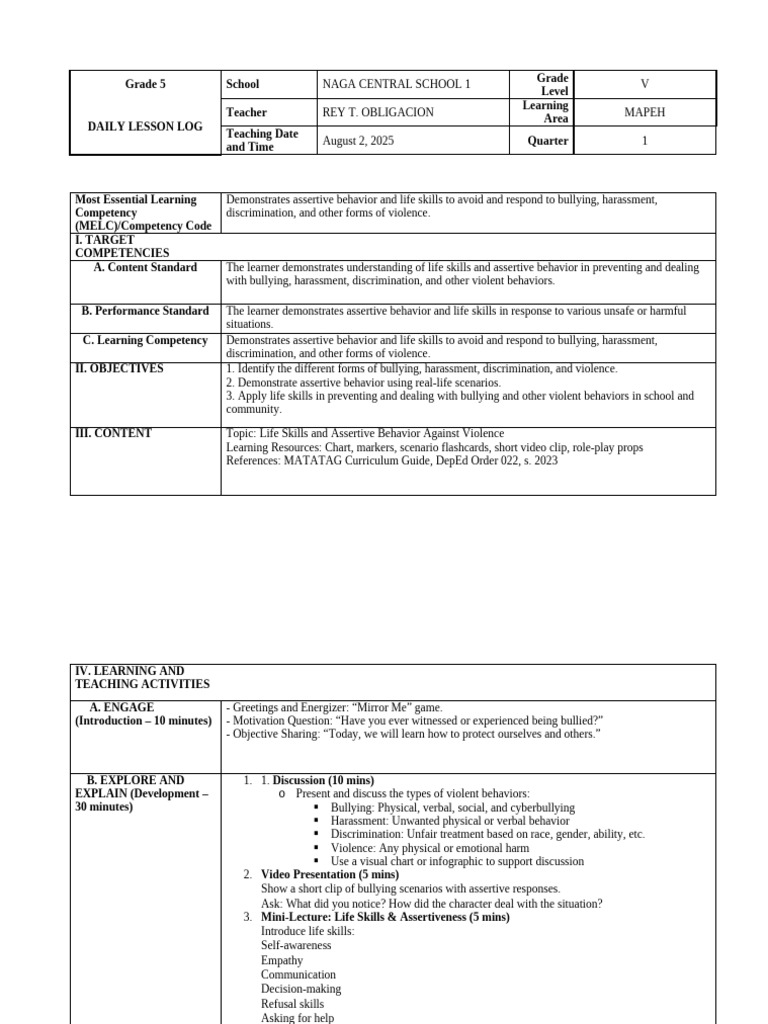 Grade 5 MAPEH DEMO Lesson Plan | PDF | Bullying | Violence