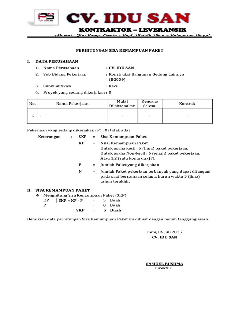 Sisa Kemampuan Paket (SKP) CV. IDU SAN - Ok | PDF