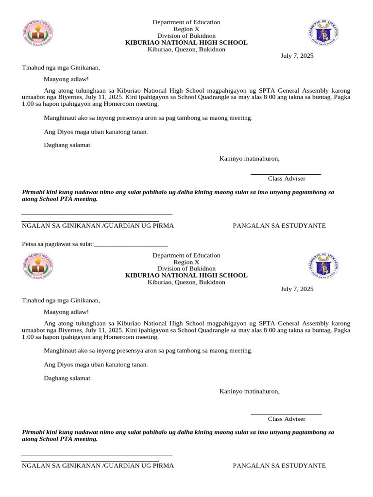 Letter To Parent Spta Meeting | PDF