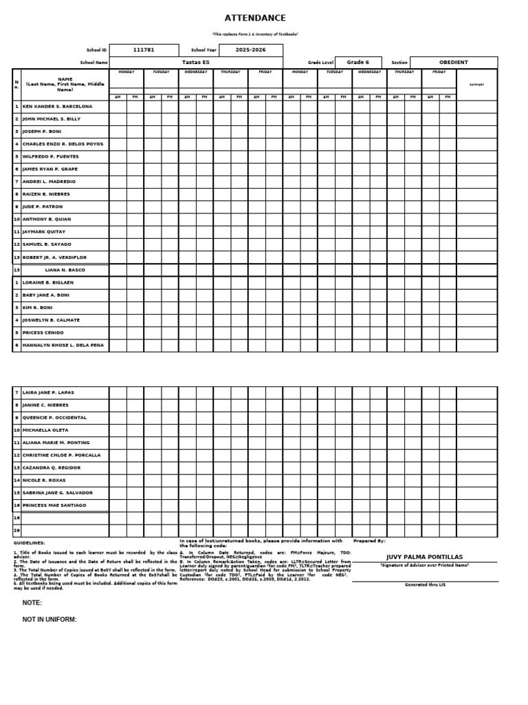 Grade 6 Attendance Record 2025-2026 | PDF