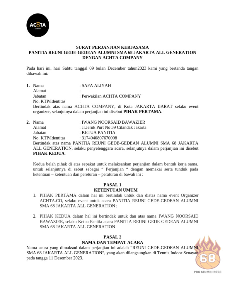 Perjanjian Kerjasama Reuni Alumni SMA 68 | PDF