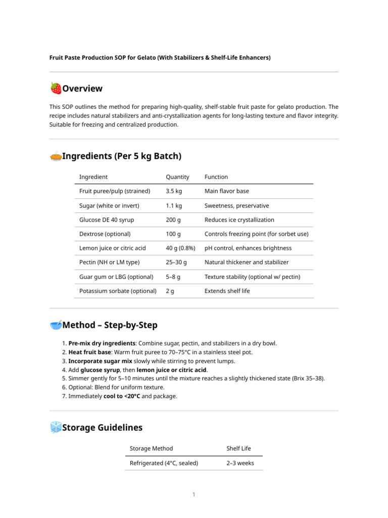 Fruit Paste Production Sop For Gelato | PDF | Syrup | Food Science