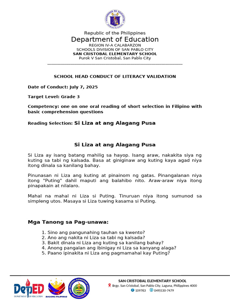 Grade 3 One On One Reading Session With Basic Comprehension Questions | PDF