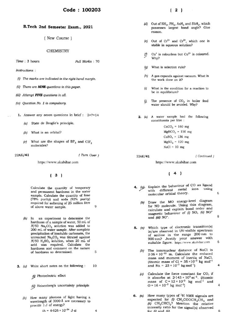 Btech 2 Sem Chemistry 100203 2021 | PDF