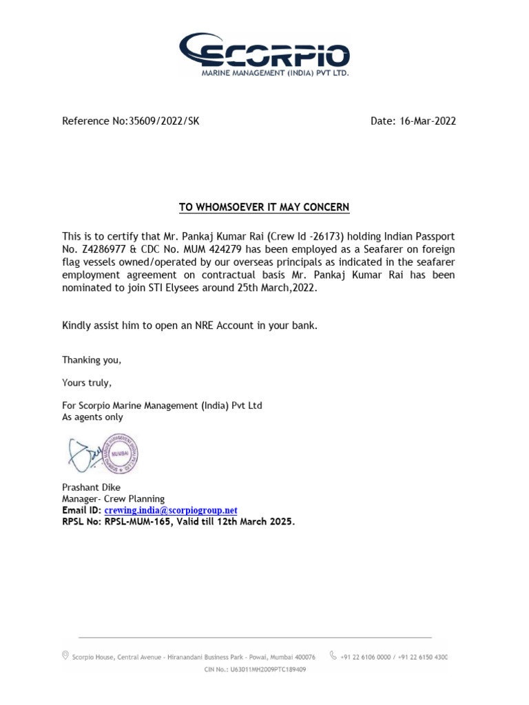 Nre Account Opening Letter | PDF