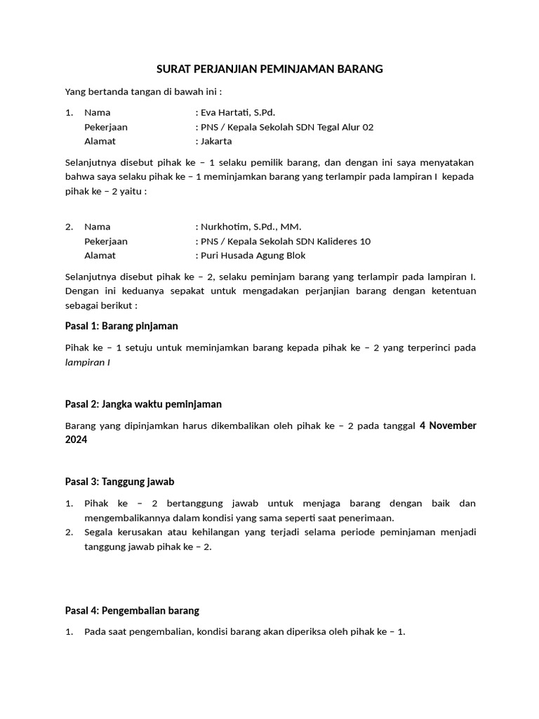 Surat Perjanjian Peminjaman Barang | PDF