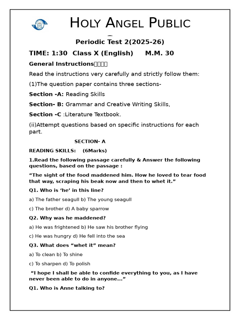 Class 10 English PT 2 Question Paper | PDF