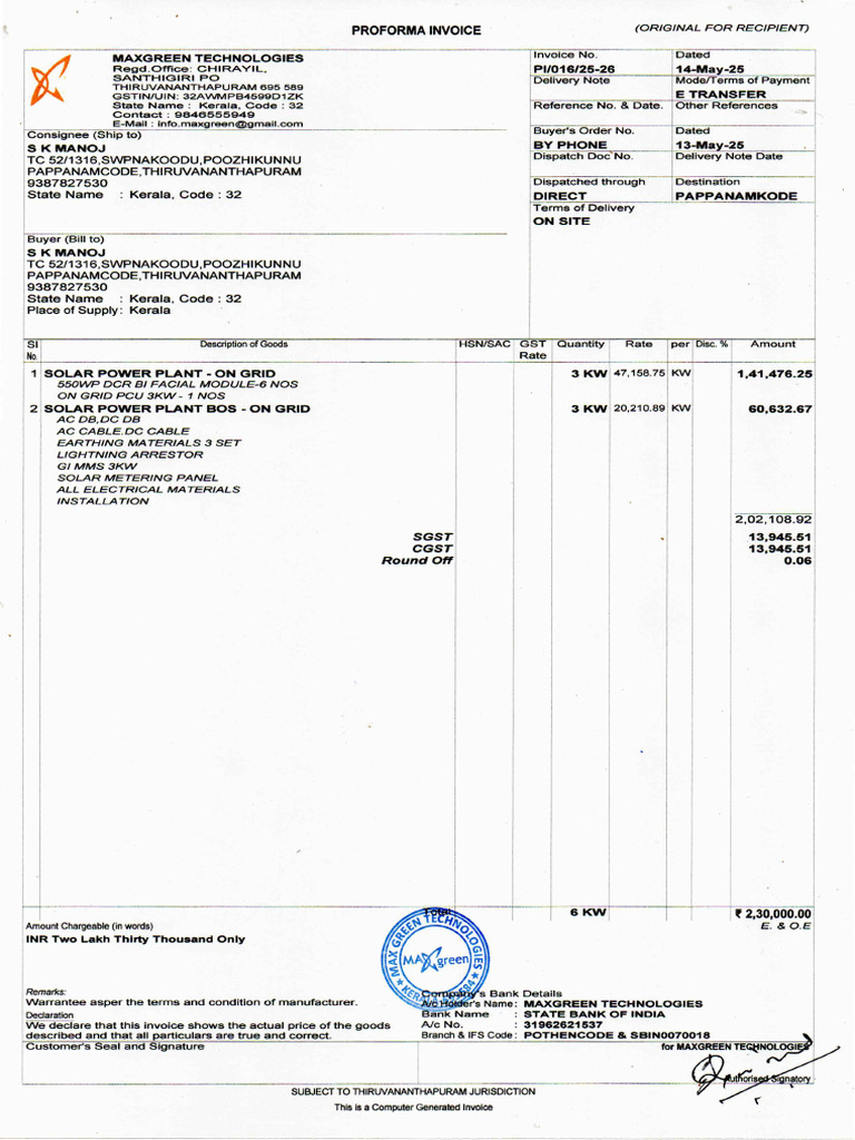 Proforma Invoice Manoj | PDF