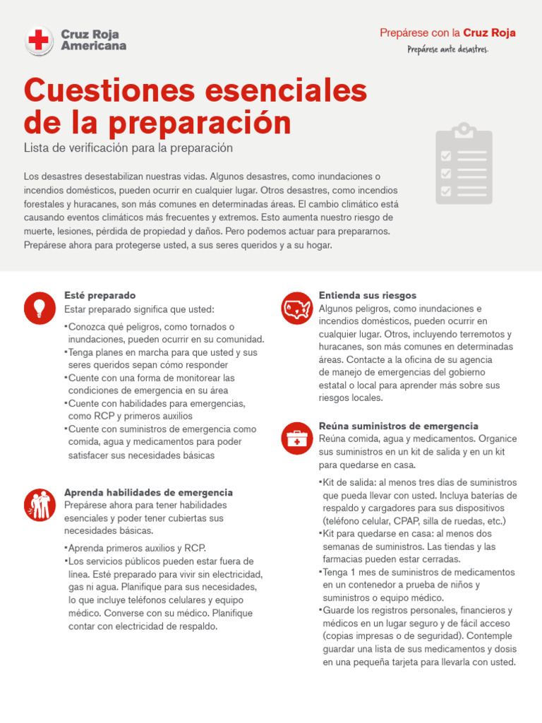 ES - Preparedness Essentials Checklist | PDF | Inundar | Primeros auxilios