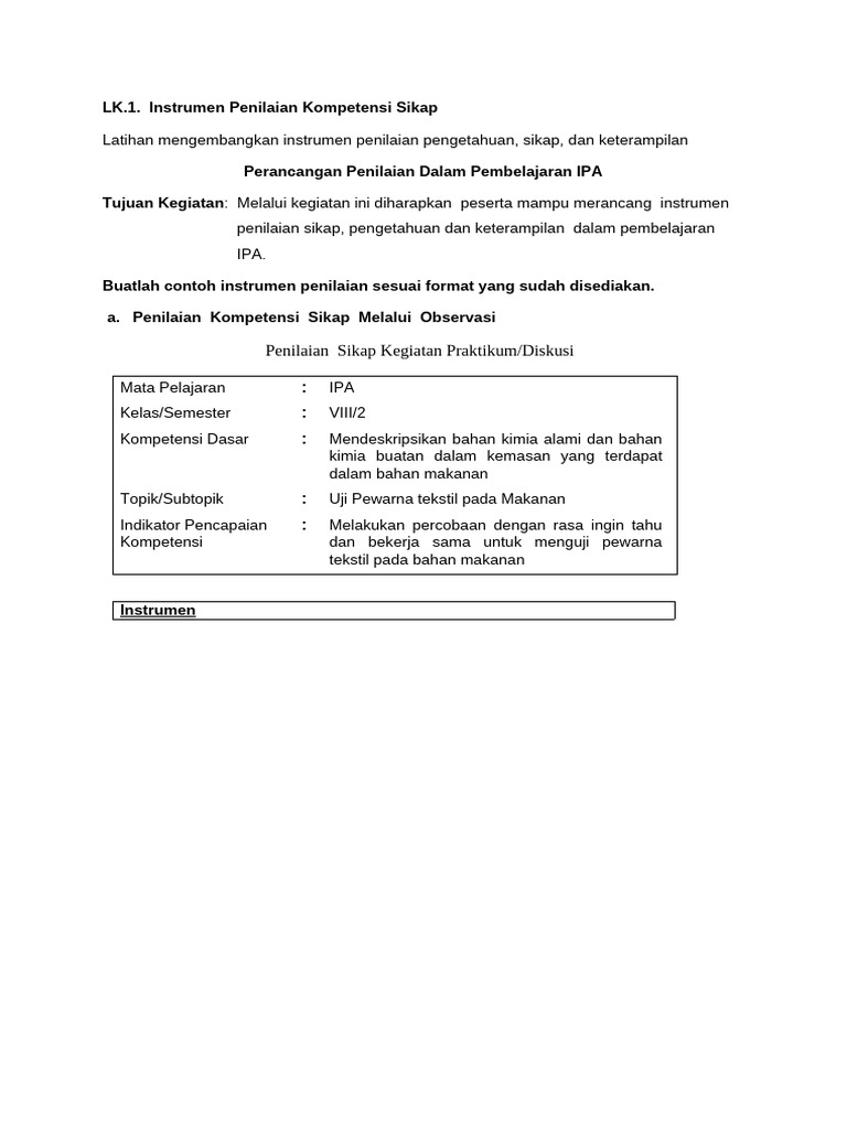 Contoh Instrumen Penilaian IPA | PDF