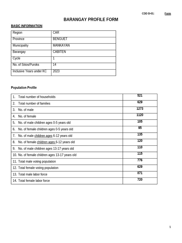 Barangay - Profile-Form - Brgy. Cabiten | PDF