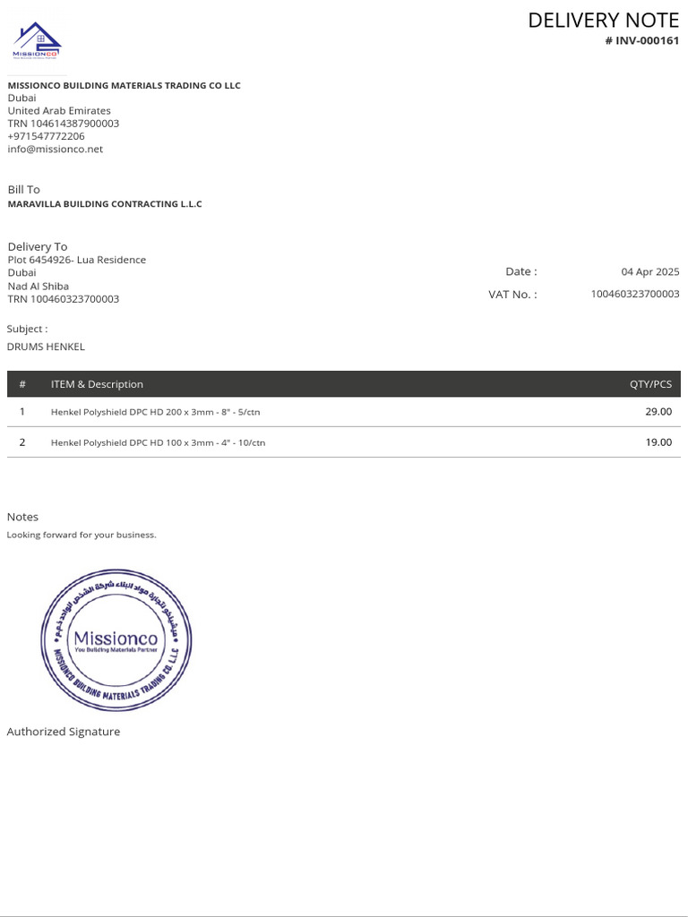 Delivery Note for Henkel DPC Products | PDF