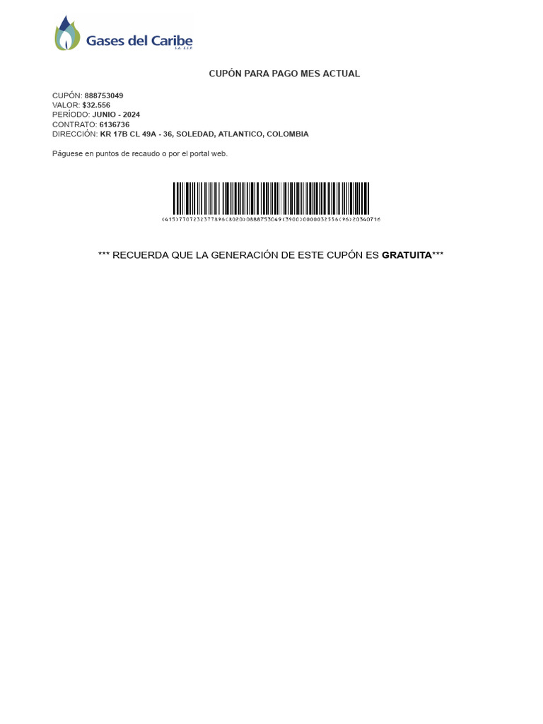 Cupón de Pago Gases del Caribe Junio 2024 | PDF