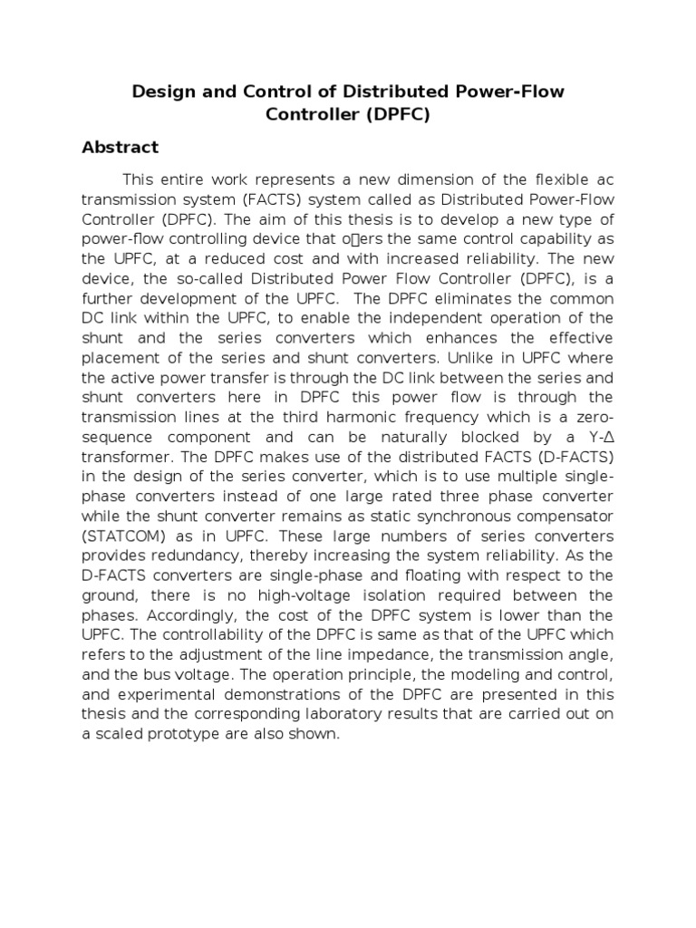 Design and Control of Distributed Power-Flow Controller (DPFC) | PDF ...