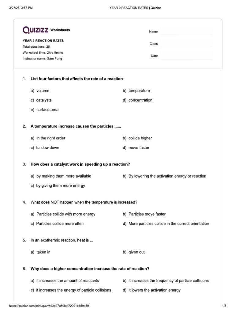Y9 SC - Rate of Reaction QUIZ | PDF